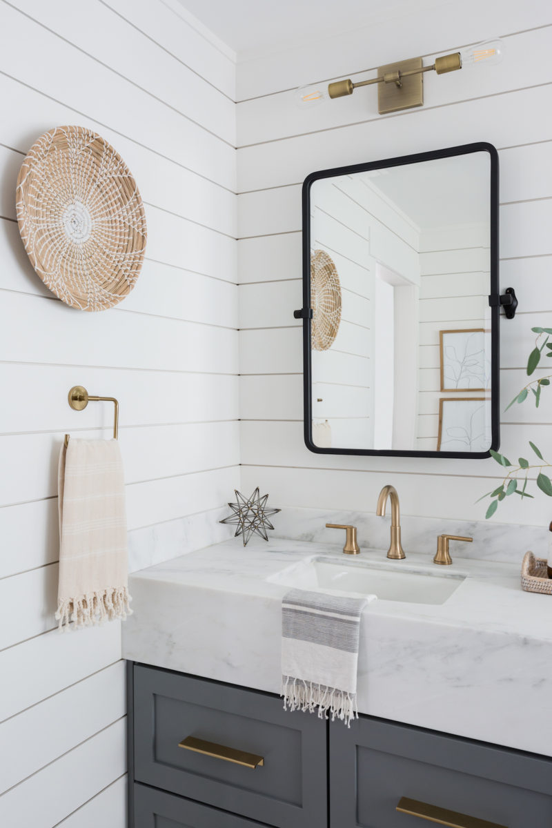 Light & Airy Bathroom with Shiplap, Patterned Tile & Mixed Metals · Haven