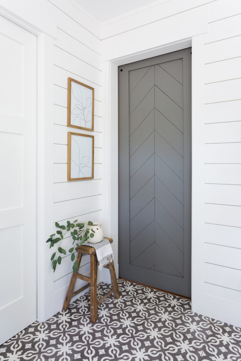 Light & Airy Bathroom with Shiplap, Patterned Tile & Mixed Metals · Haven