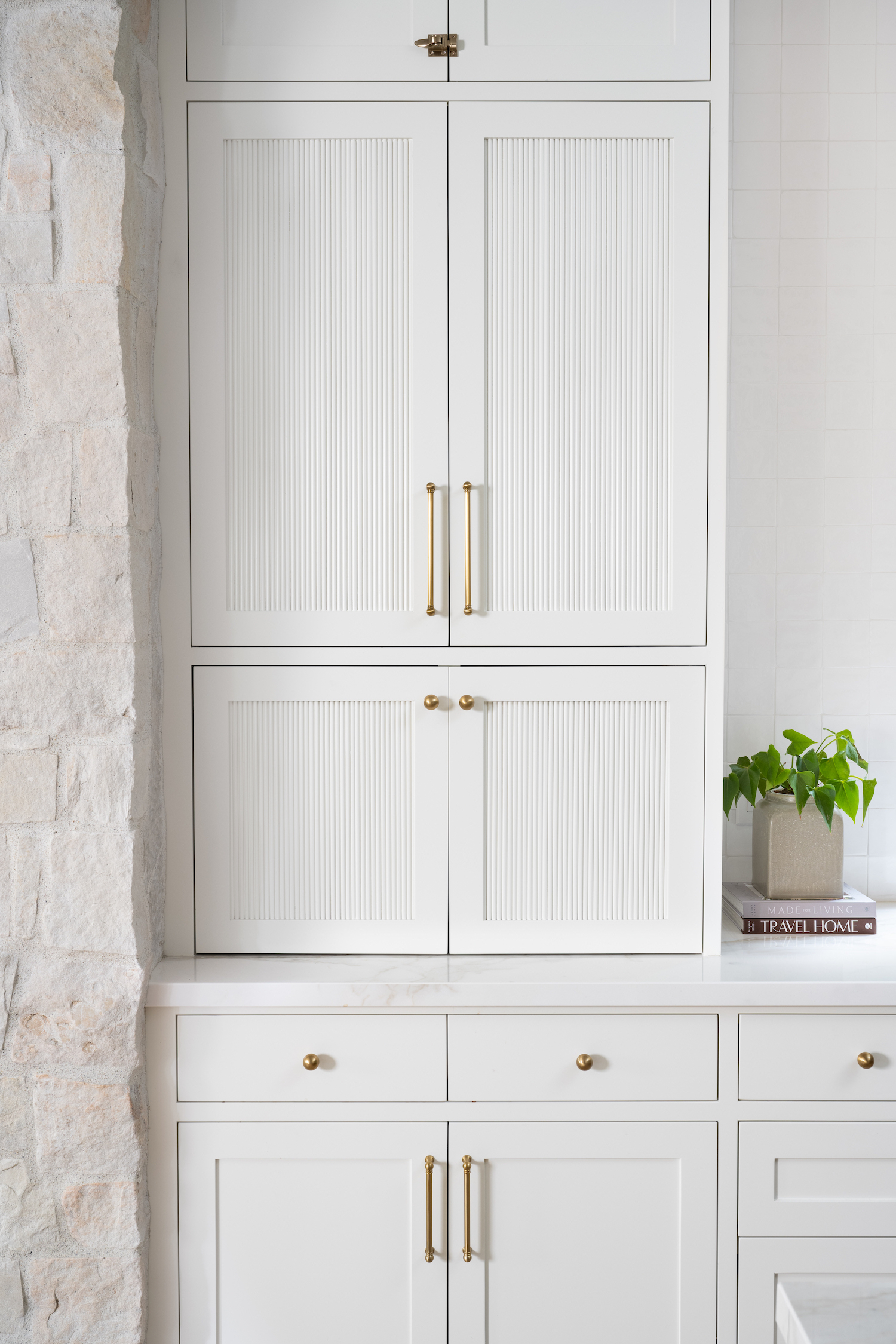 Muted Cut Stone Layers on Subtle Texture in a Neutral Transitional Home ...