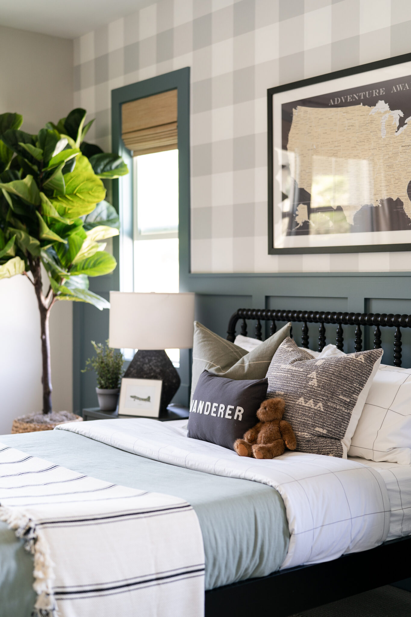 Hand Painted Plaid Walls Adorn These Twin Bedrooms · Haven